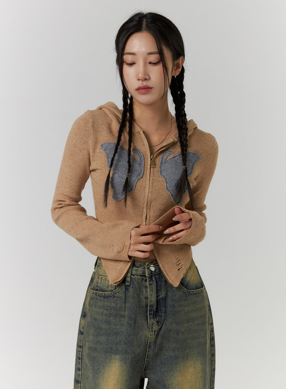 Acubi Patched Two Way Zip Up Hoodie CD311 - Acubi style | LEWKIN